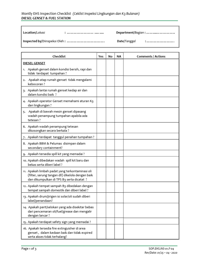Ceklist Inspeksi EHS Genset & SPBU | PDF | Griya & Taman | Teknologi ...