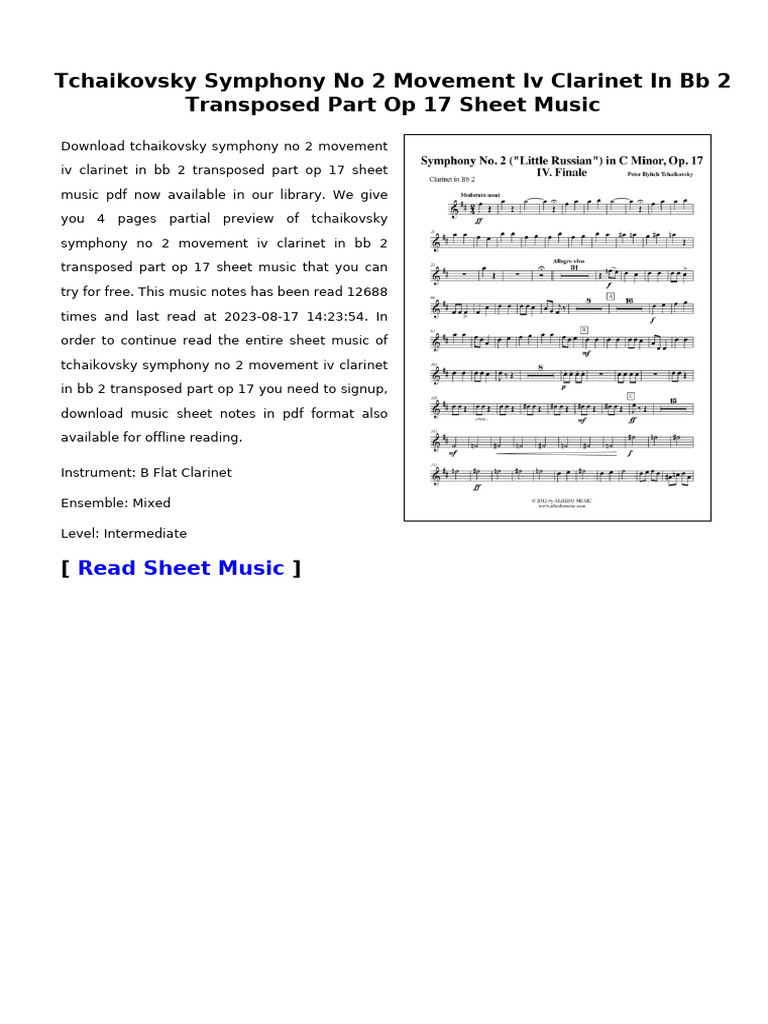 Tchaikovsky Symphony No 2 Movement IV Clarinet in Bb 2 Transposed Part ...
