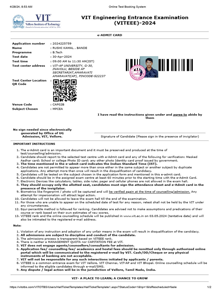 Viteee Admit Card | PDF
