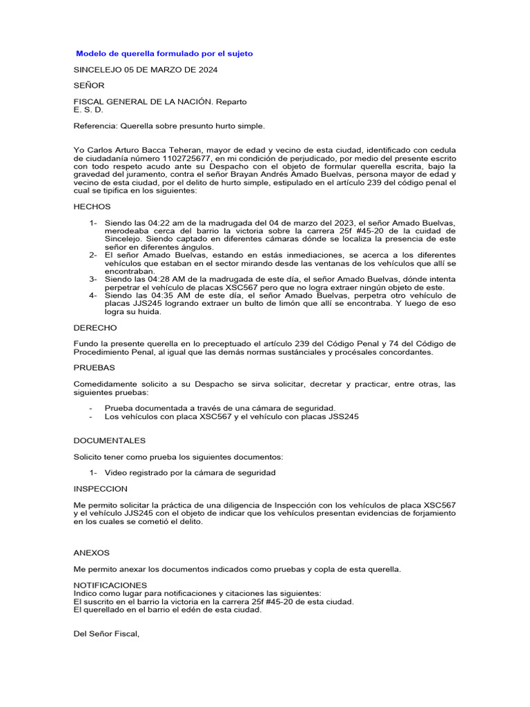 Modelo de Querella Penal | PDF | Queja | Ley común