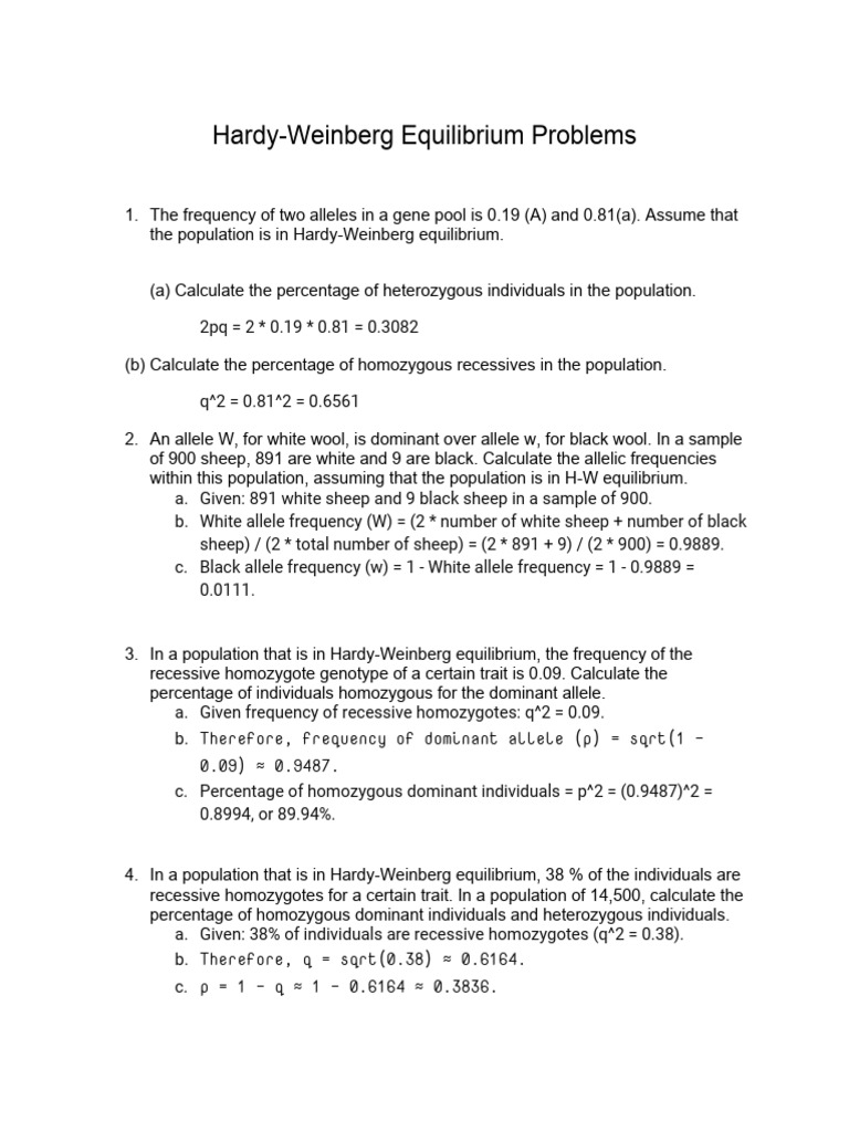 Hardy-Weinberg Equilibrium Calculations | PDF | Zygosity | Dominance ...