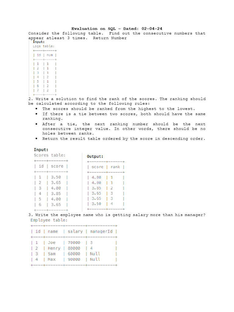 SQL Evaluation questions - 02-04-24 2 | PDF | Arithmetic | Mathematics