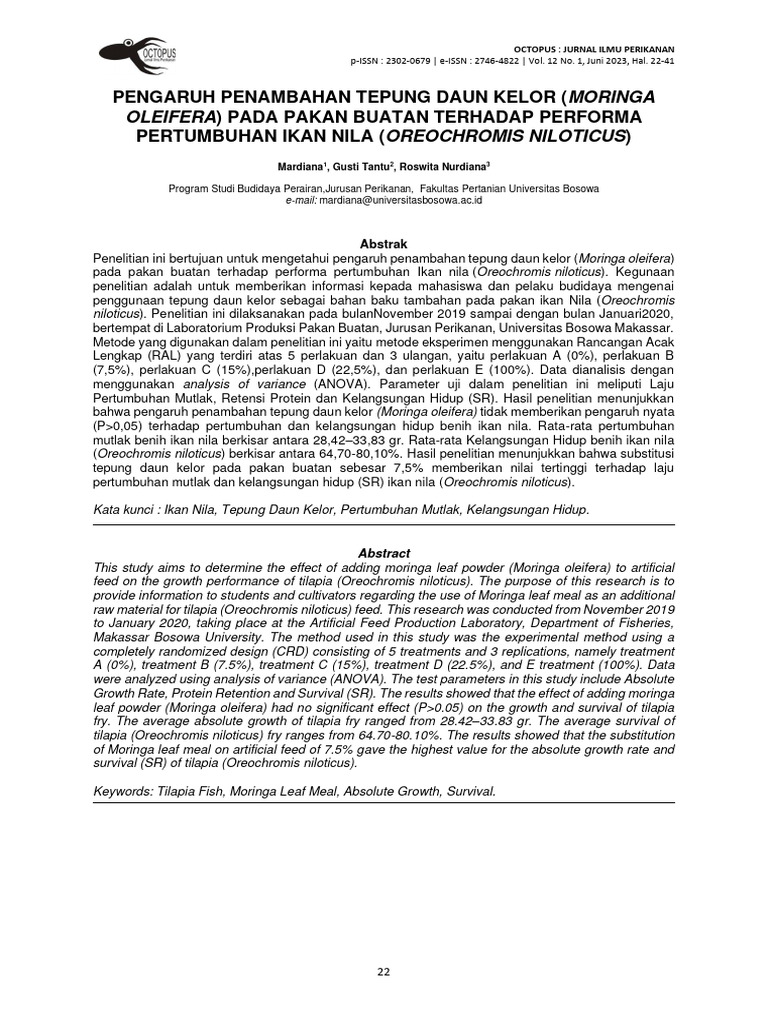 Pengaruh Penambahan Tepung Daun Kelor Pada Pakan Terhadap Pertumbuhan Ikan Nila | PDF
