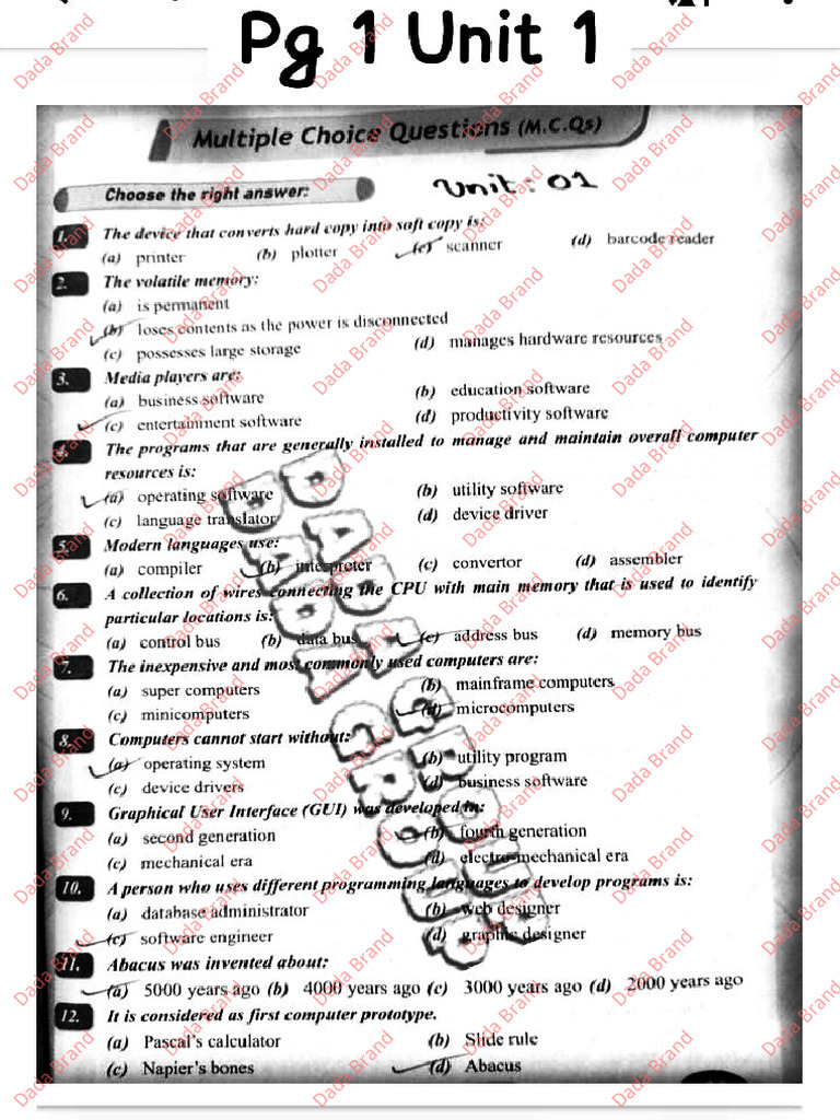 IX Computer MCqs Solve Answer Complete Chapter 2024 by Dada Brand | PDF
