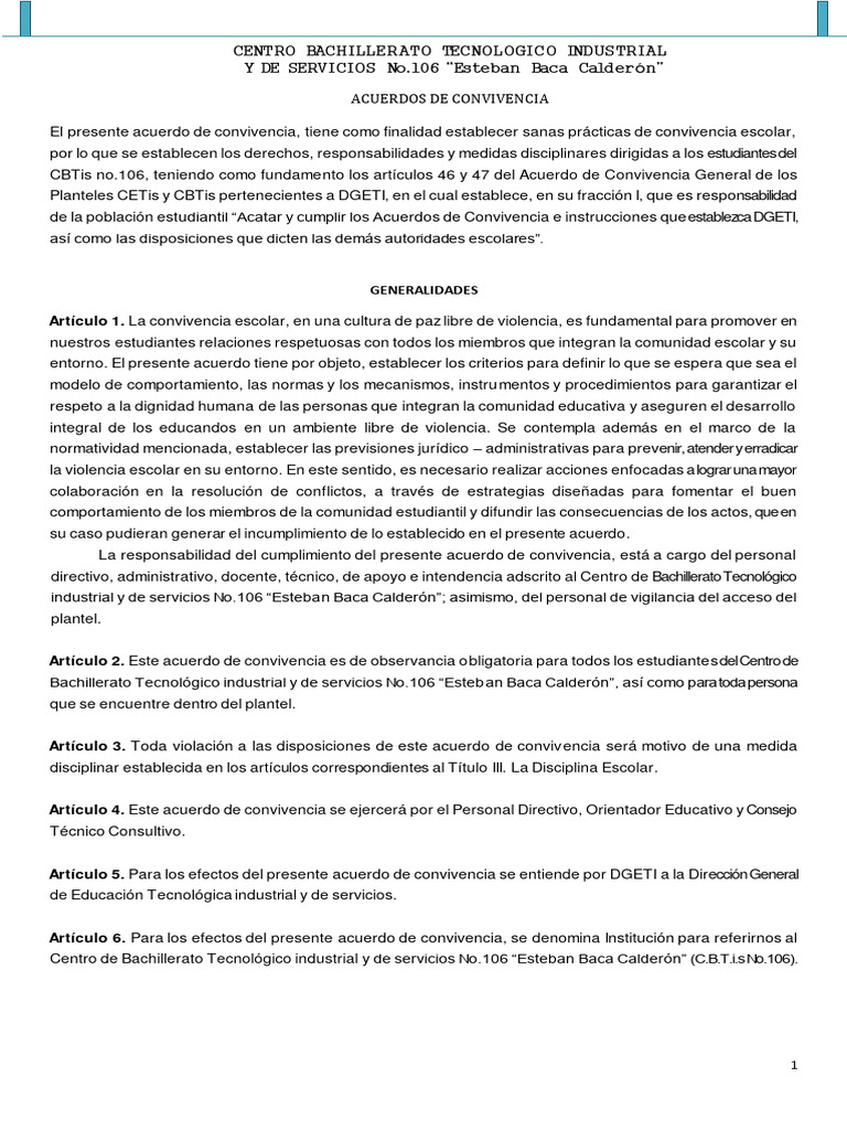 Acuerdos de Convivencia Escolar CBTis 106 | PDF