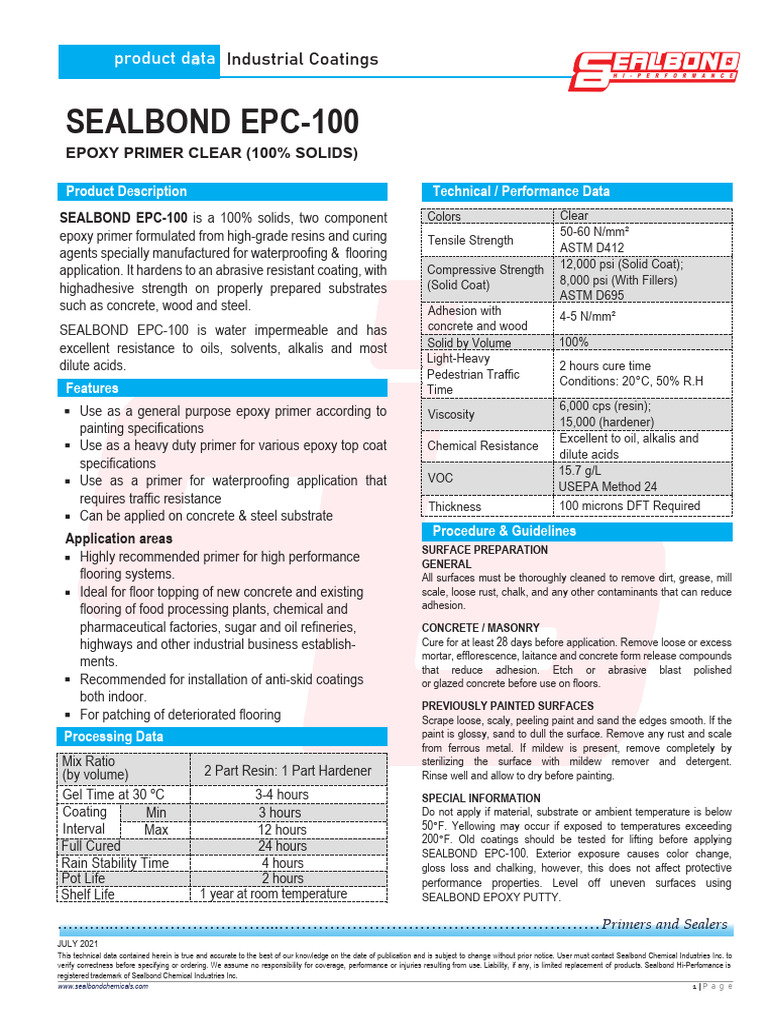 Sealbond EPC-100 - TDS & MSDS | PDF | Dangerous Goods | Epoxy