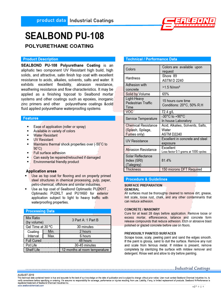 Sealbond PU-108 Polyurethane Coating | PDF | Polyurethane | Coating