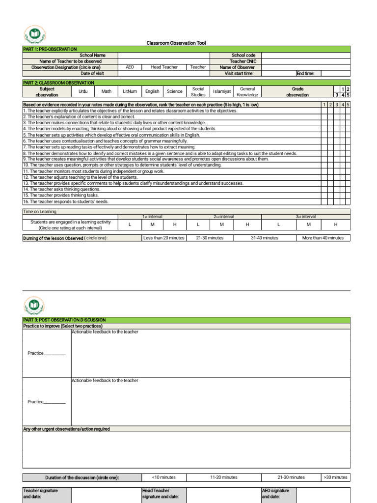 COT (English Form) | PDF | Teachers | Learning