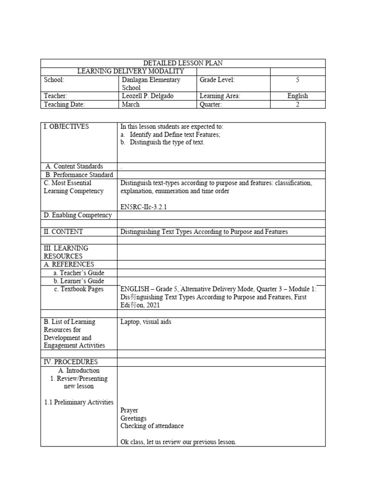 DETAILED LESSON PLAN. ENGLISH 5 - 111904 - Teacher Zell | PDF | Climate ...