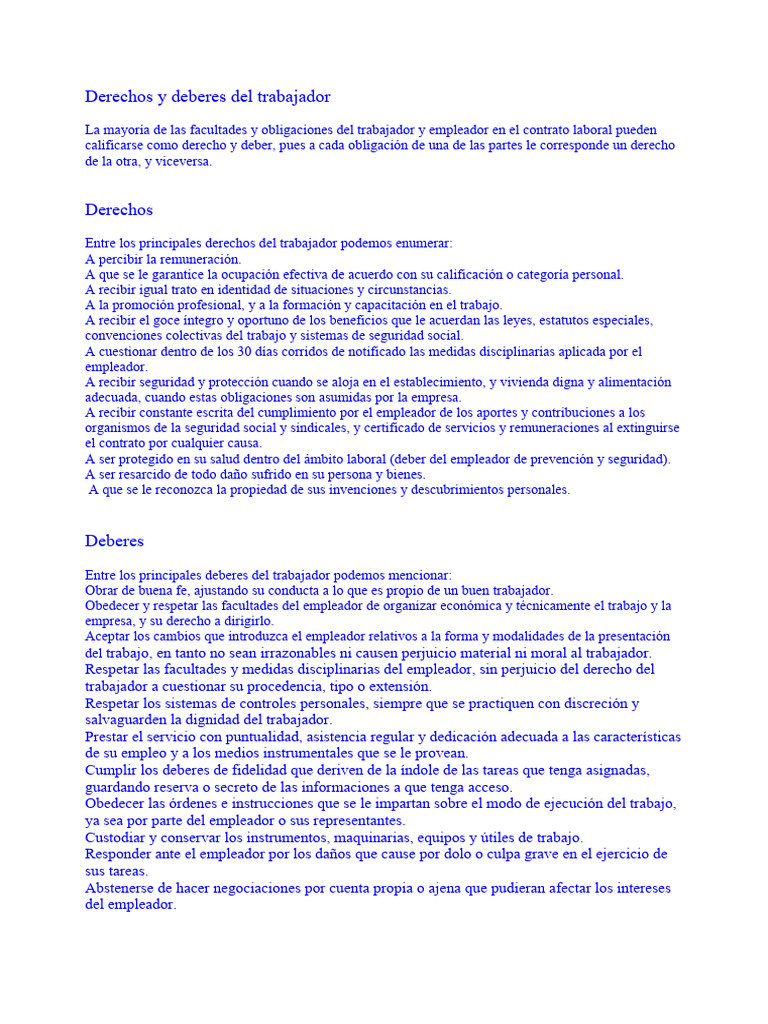 Derechos y deberes del trabajador | PDF | Derecho laboral | Estatuto de ... Derechos y deberes del trabajador | PDF | Derecho laboral | Estatuto de ...
