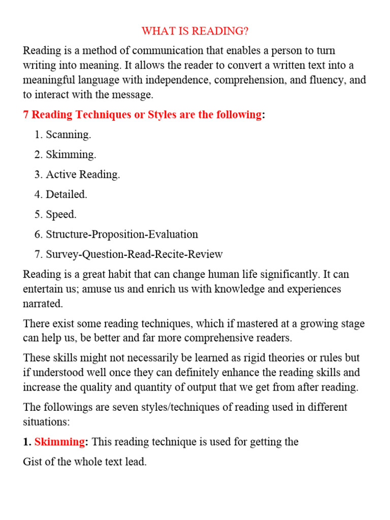 Basic Reading Techniques | PDF | Speed Reading | Cognitive Psychology