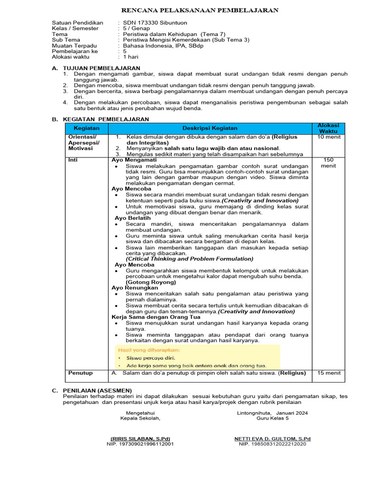 RPP Kelas 5 (T7 ST3 PB5) | PDF