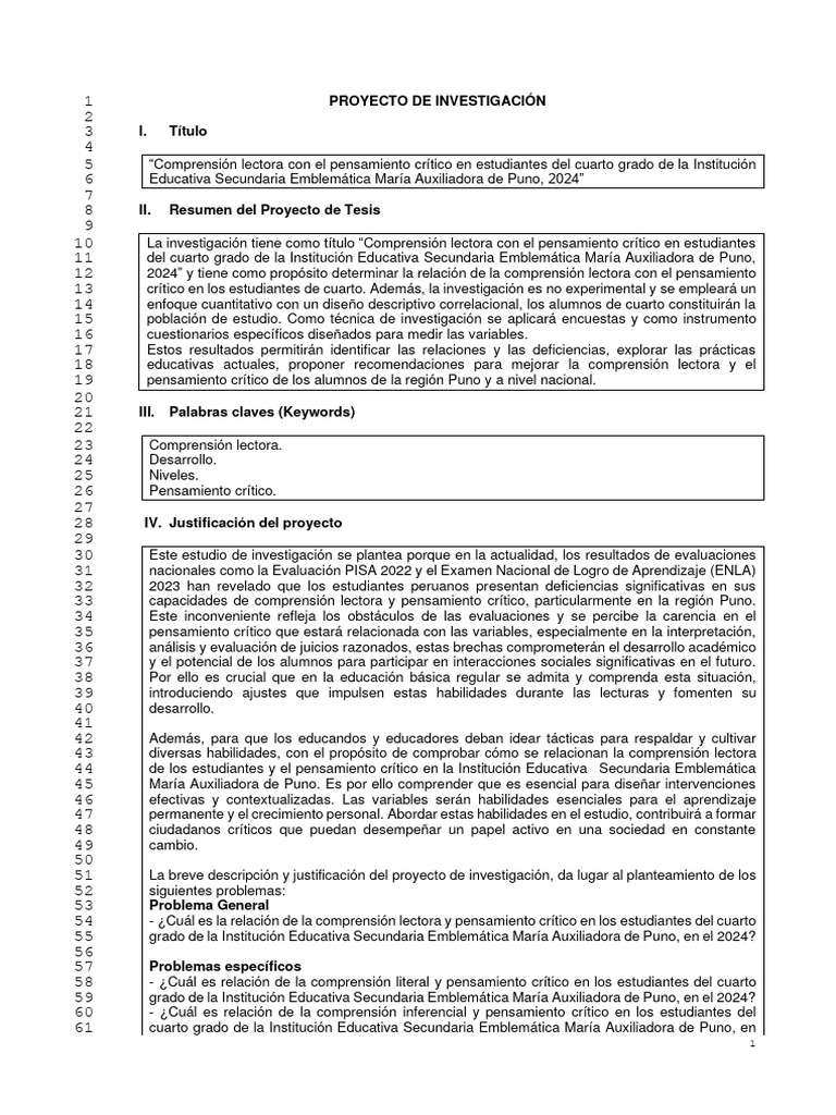 Proyecto - Comprensión Lectora y Pensamiento Critico en Estudiantes IES ...