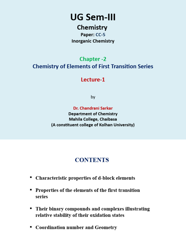 1st Lecture On Chemistry of Elements of First Transtion Series | PDF ...