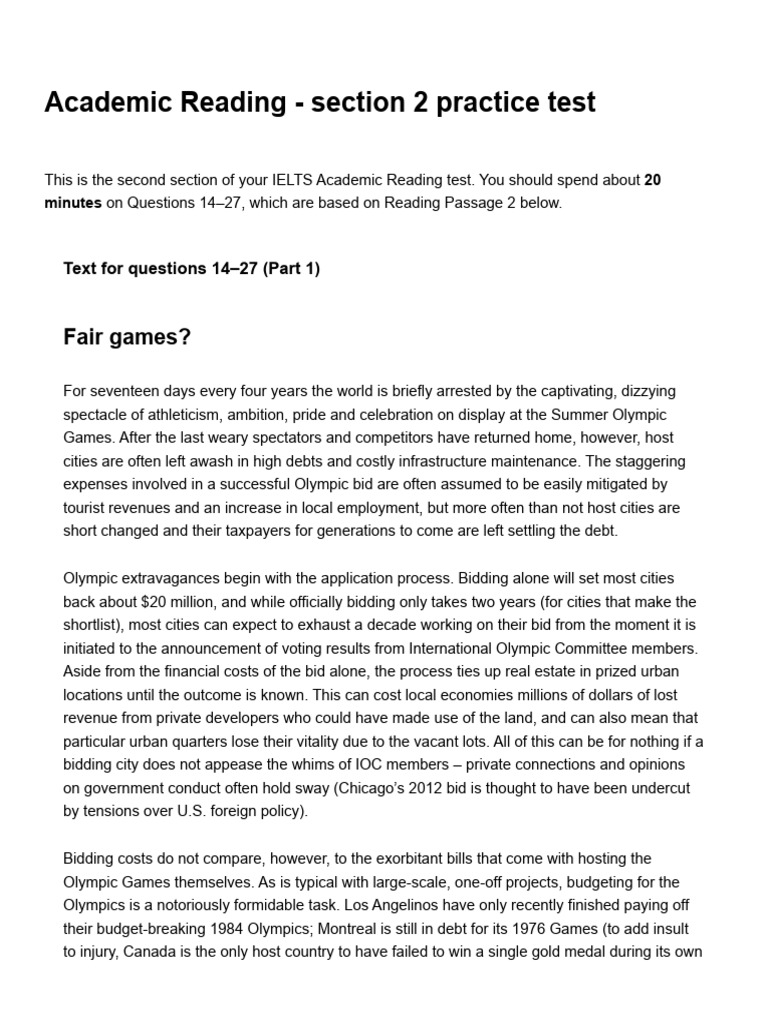 Academic Reading - Section 2 Practice Test - Take IELTS | PDF | Olympic ...