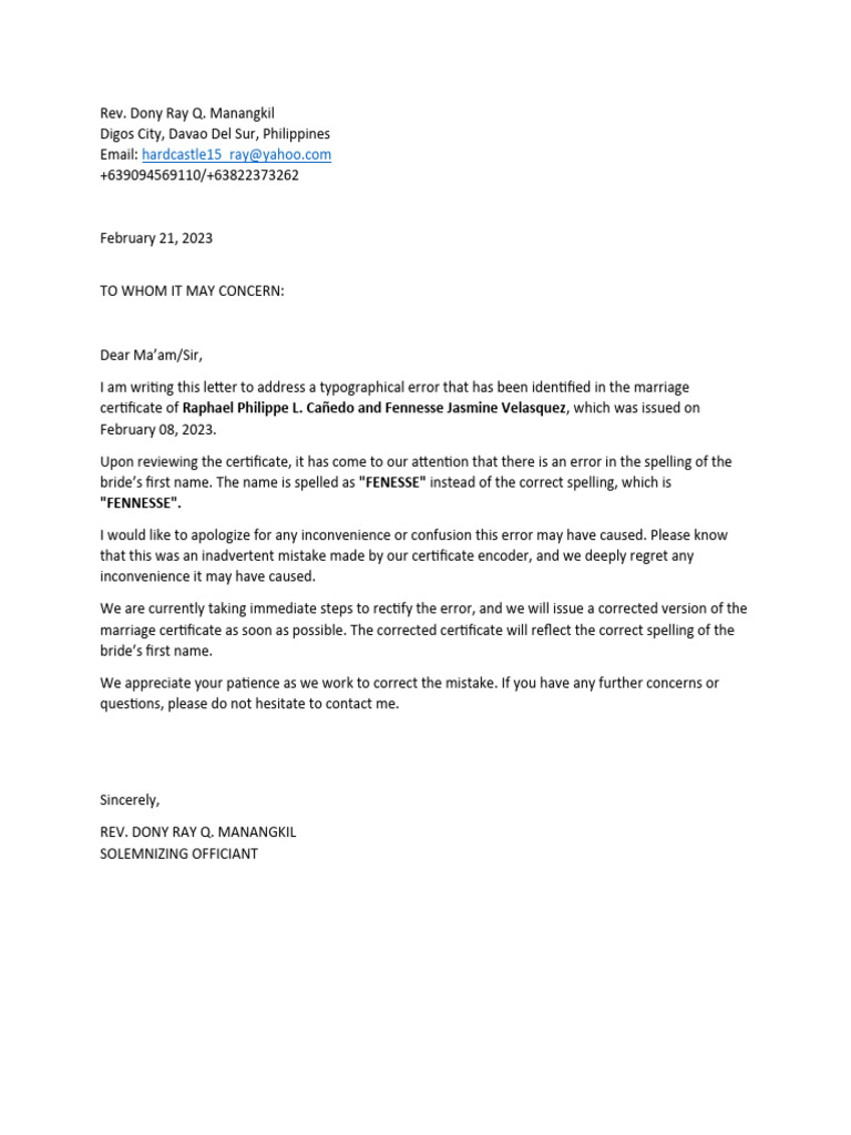 Explanation Letter For A Typographical Error | PDF
