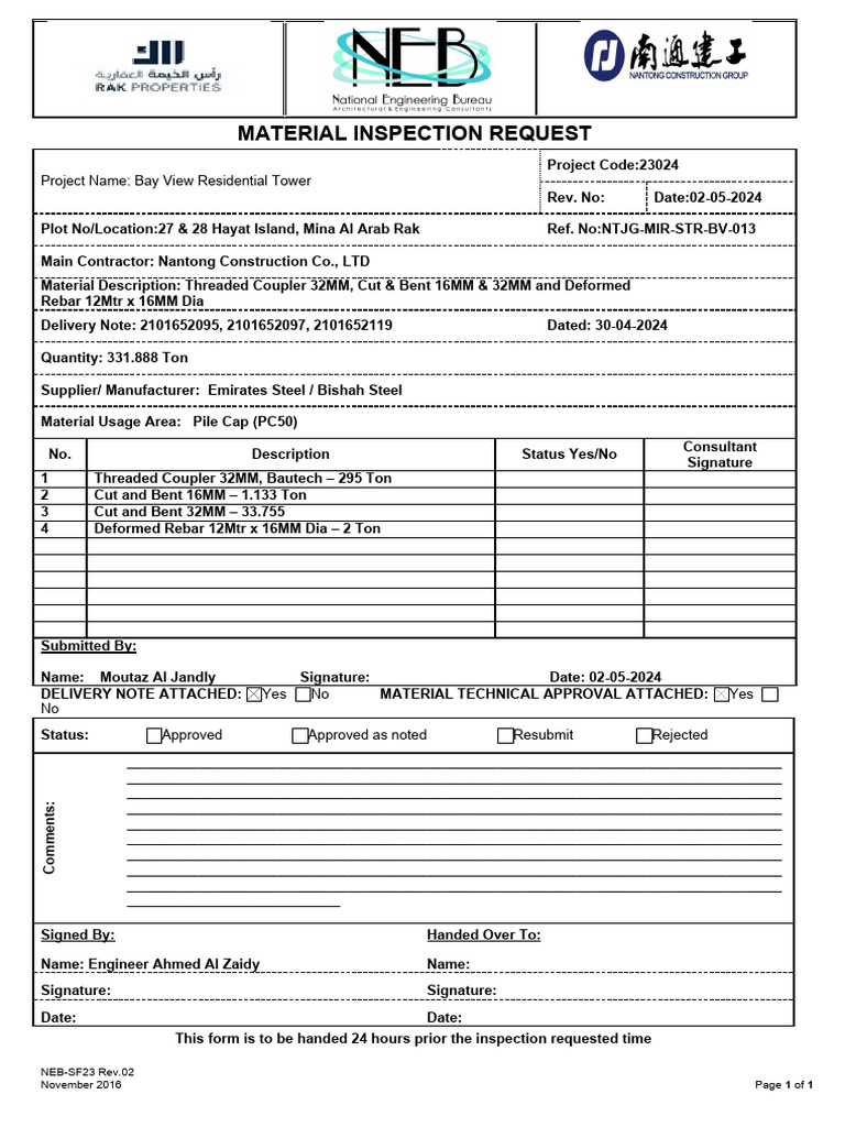 NEB-SF23 Rev.02 Material Inspection Request | PDF | Building ...