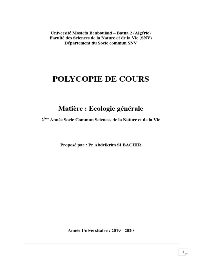Polycopie Ecologie Generale Cours 2019 - 2020 Si Bachir A | PDF | Écologie | Réseau trophique