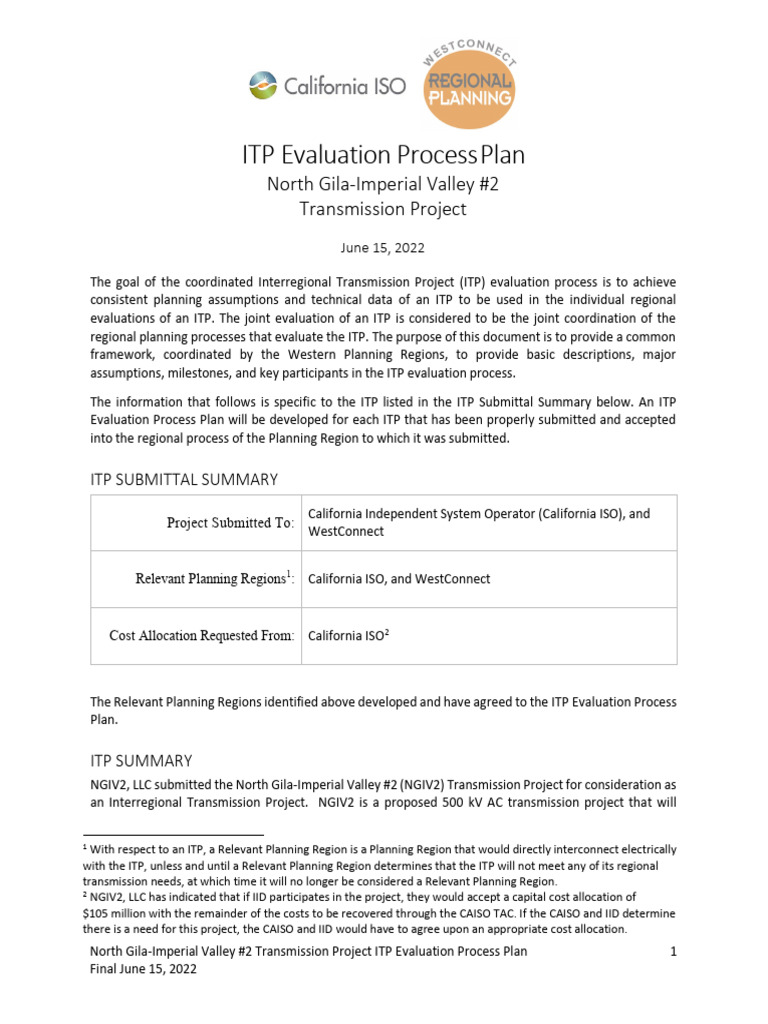 ITP Evaluation Process Plan: North Gila-Imperial Valley #2 Transmission Project | PDF ...