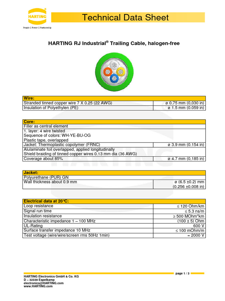 Technical Data Sheet: HARTING RJ Industrial Trailing Cable, Halogen-Free | PDF | Wire ...