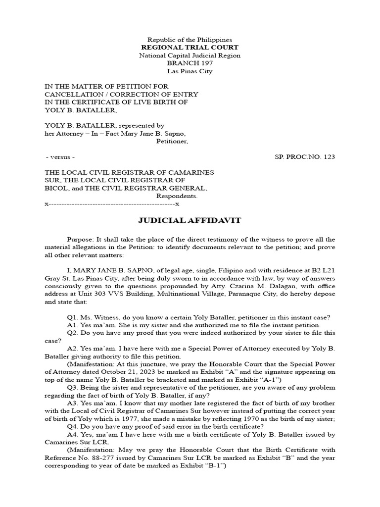 Dalagan - LegRes - Judicial Affidavit - Correction of Entry Birth Cert ...