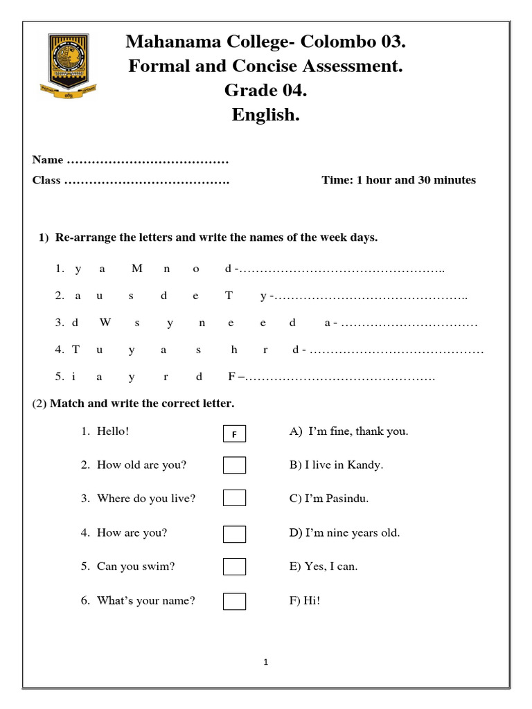 English Grade 4 Test Paper | PDF | Language Families | Syntax