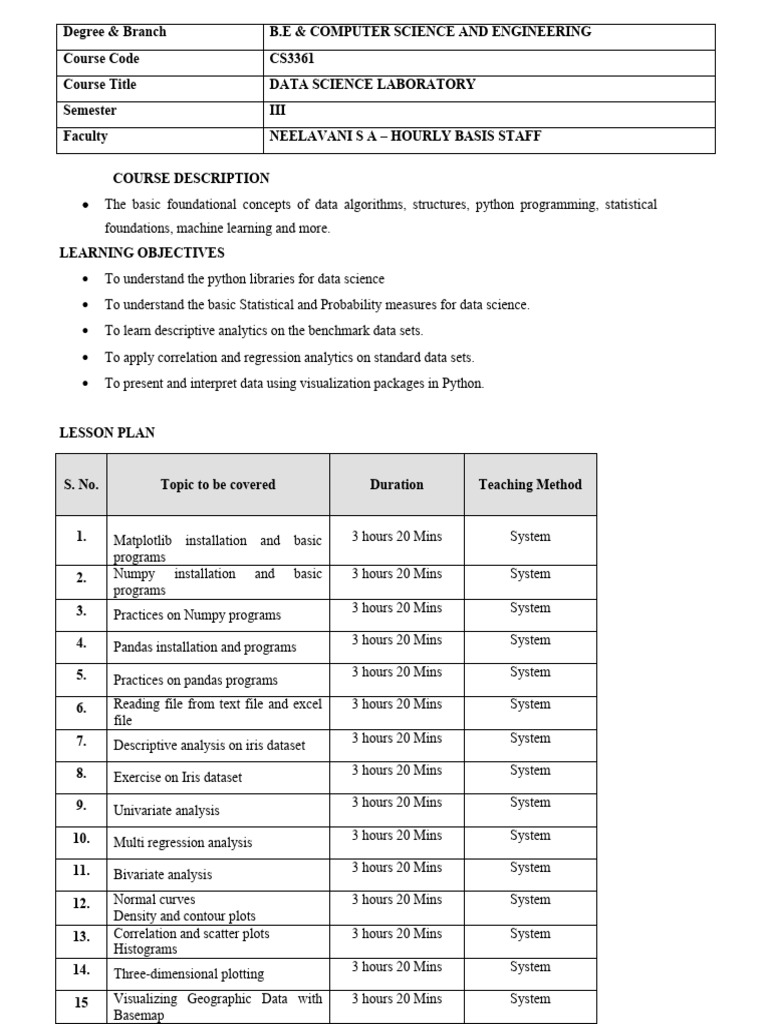 Lesson Plan For CS3361 | Download Free PDF | Data | Data Science