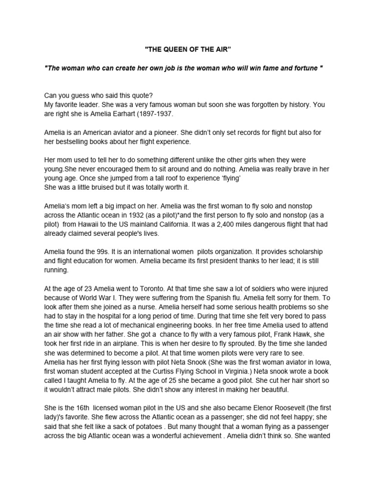 Amelia Earhart Essay | PDF | Aviation
