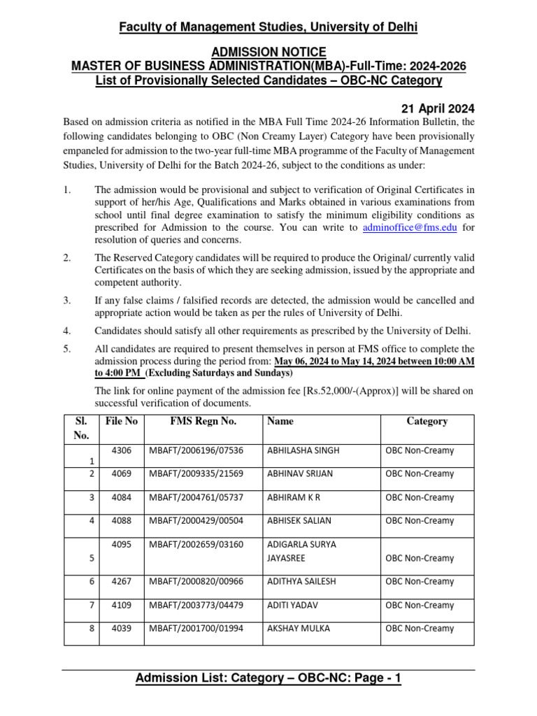 Mbaft Admlist Obc 2024 | PDF | Master Of Business Administration ...