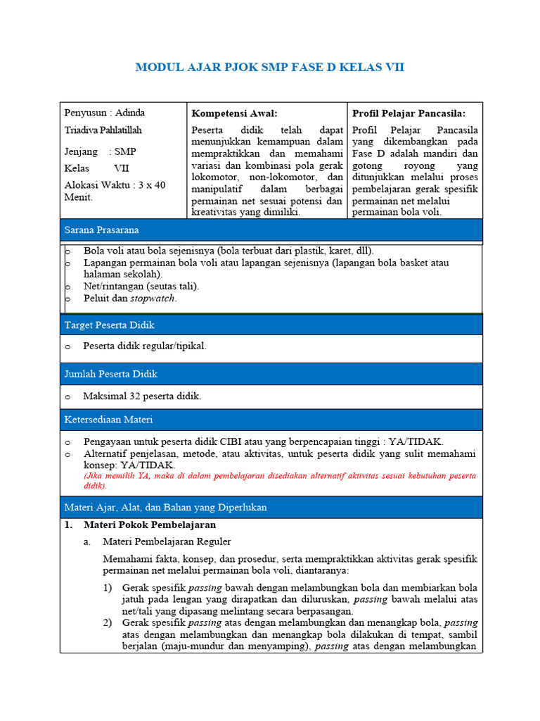 Modul Ajar Permainan Bola Voli Passing Bawah Dan Atas - Adinda. | PDF