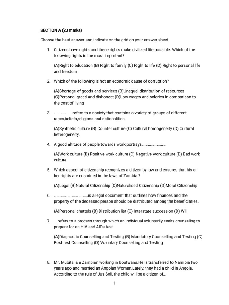 Grade 11 Civics Past Paper Questions | PDF