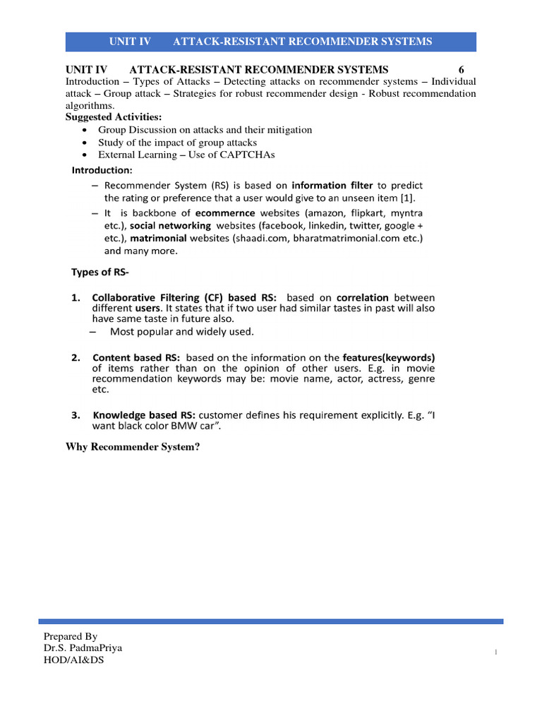 Unit Iv-Attack-Resistant Recommender Systems | PDF | Computer Security ...