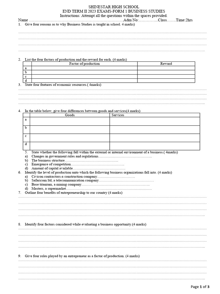 End Term 2 Exam Form 1 | PDF | Business | Business Economics