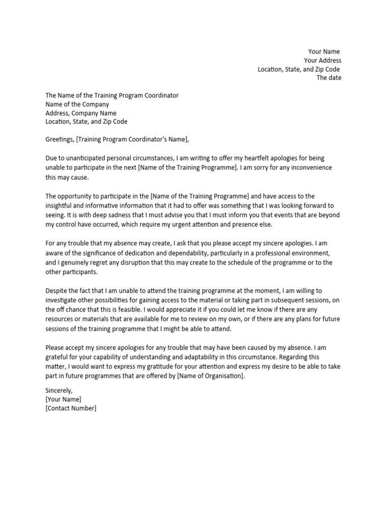 Excuse Letter For Not Being Able To Participate For The Training | PDF ...