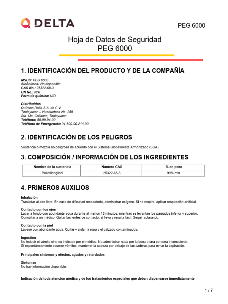 Hoja de Seguridad PEG 6000 | PDF | Contaminación | Solubilidad