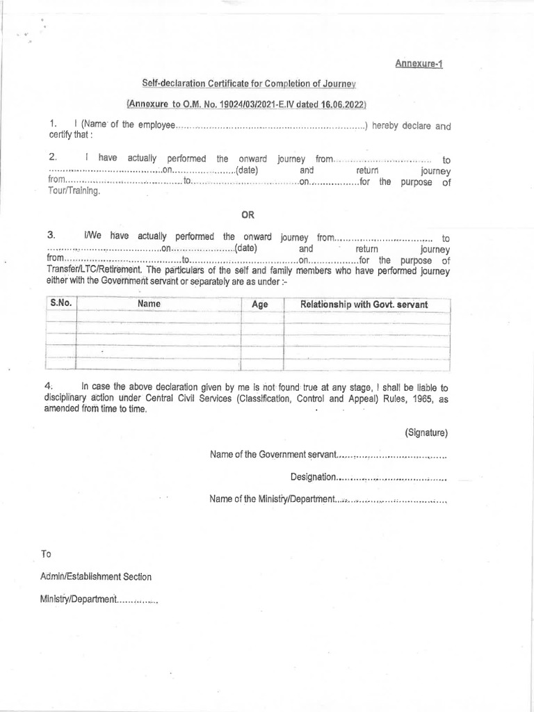 Self Declaration Certificate For Completion of Journey | PDF