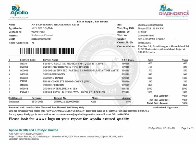 Medical Test Invoice for Bhaveshbhai Patel | PDF