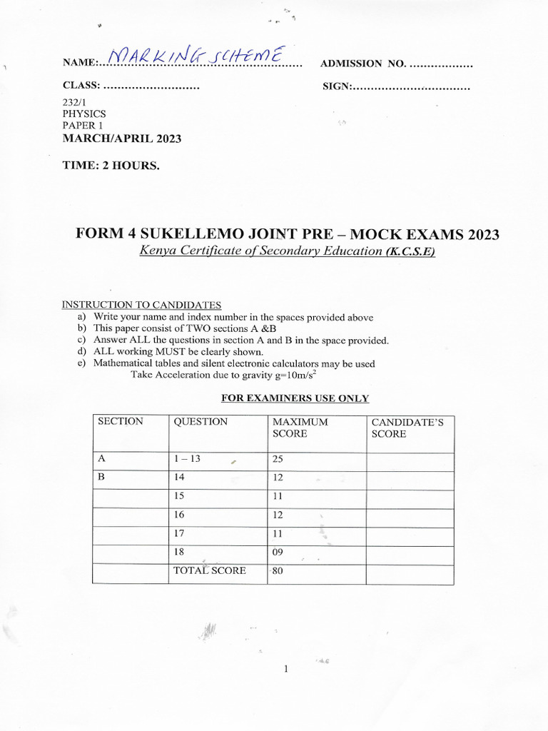 PHY-PAPER-1-MARKING-SCHEME | PDF