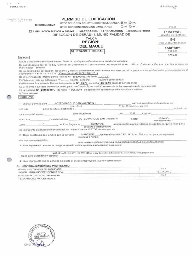 Permiso Edificación San Valentin I | PDF