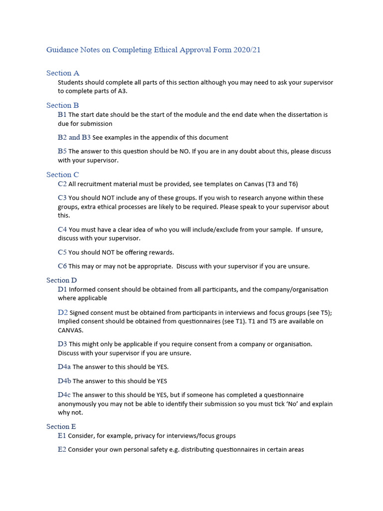 Guidance On Completing Ethics Form 202021 | PDF | Survey Methodology ... Guidance On Completing Ethics Form 202021 | PDF | Survey Methodology ...