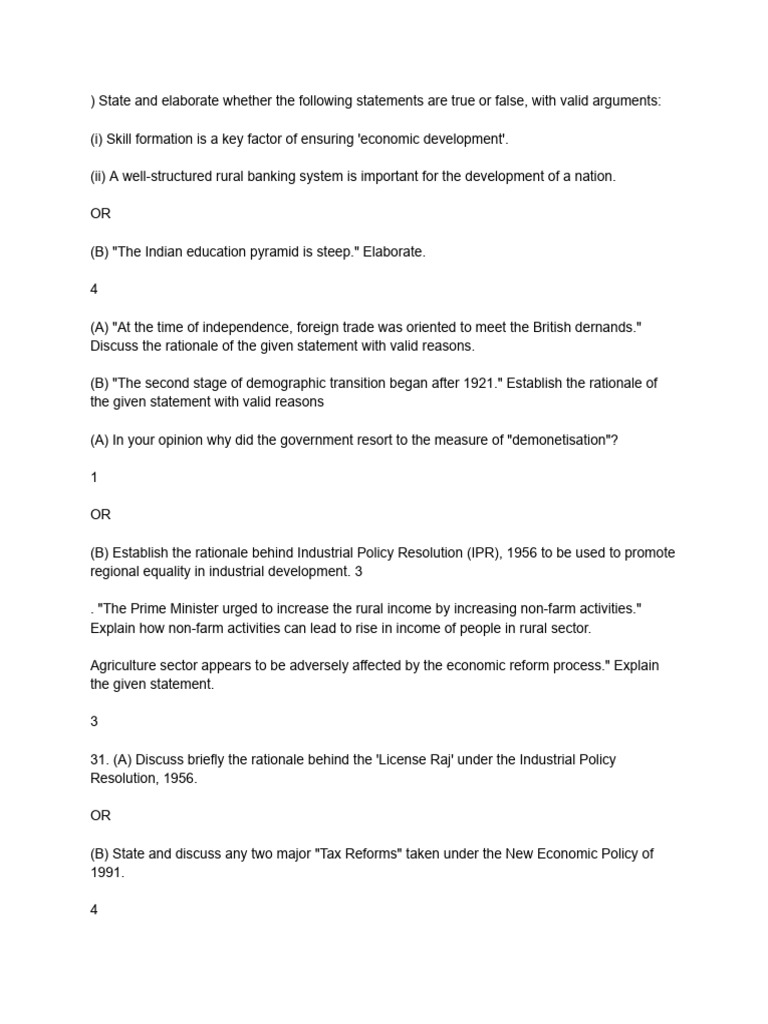 Class 12 Indian Economic Development Quiz | PDF