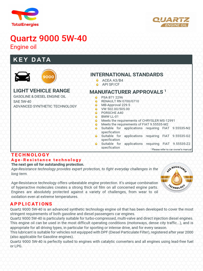 TDS TotalEnergies Quartz-9000-5W-40 714 EN | PDF | Motor Oil | Engineering