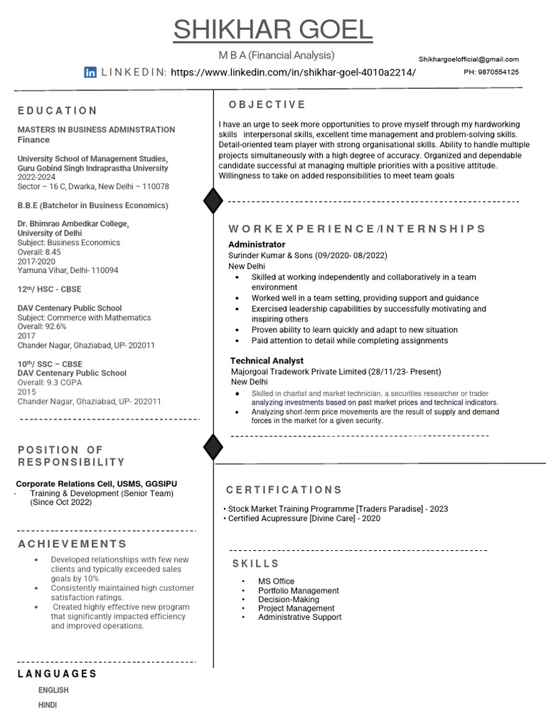 Shikhar Goel Resume CRC Format | PDF | Delhi | Economies