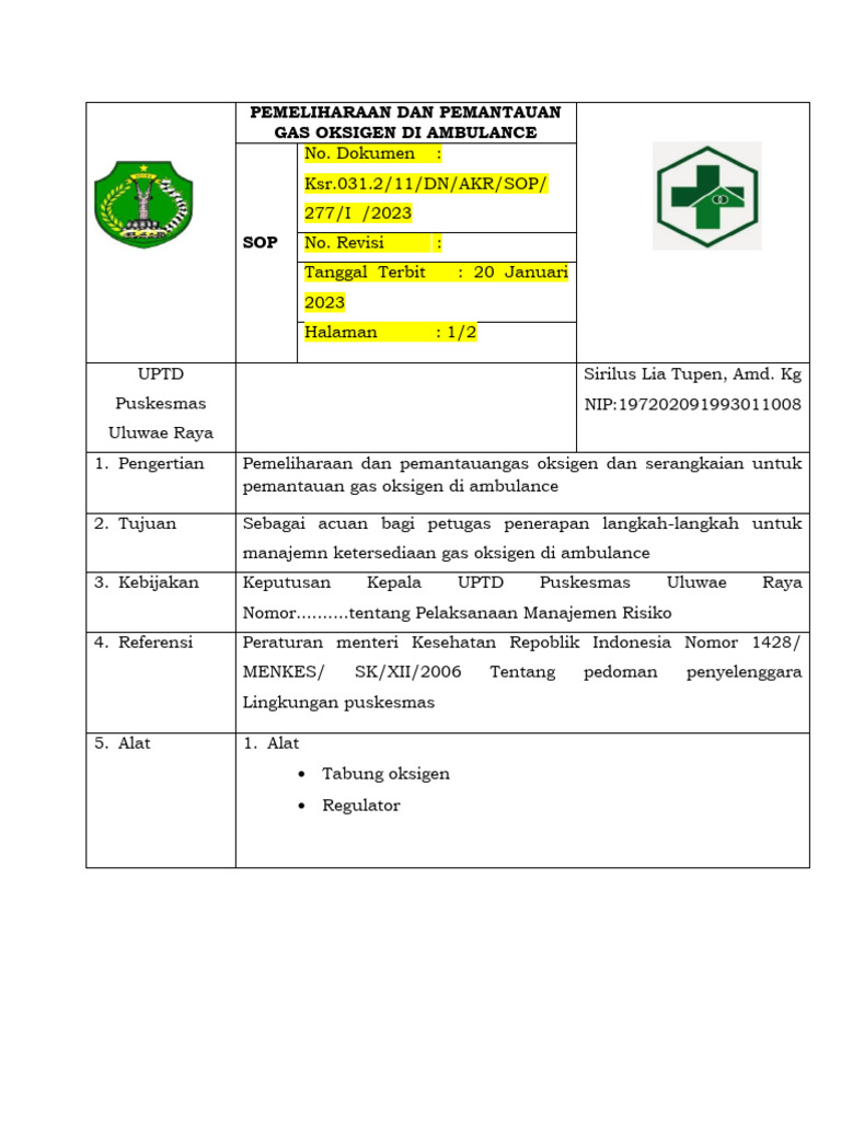 Sop Pemeliharaan Dan Pemantauan Gas Oksigen Di Ambulance | PDF | Sains & Matematika