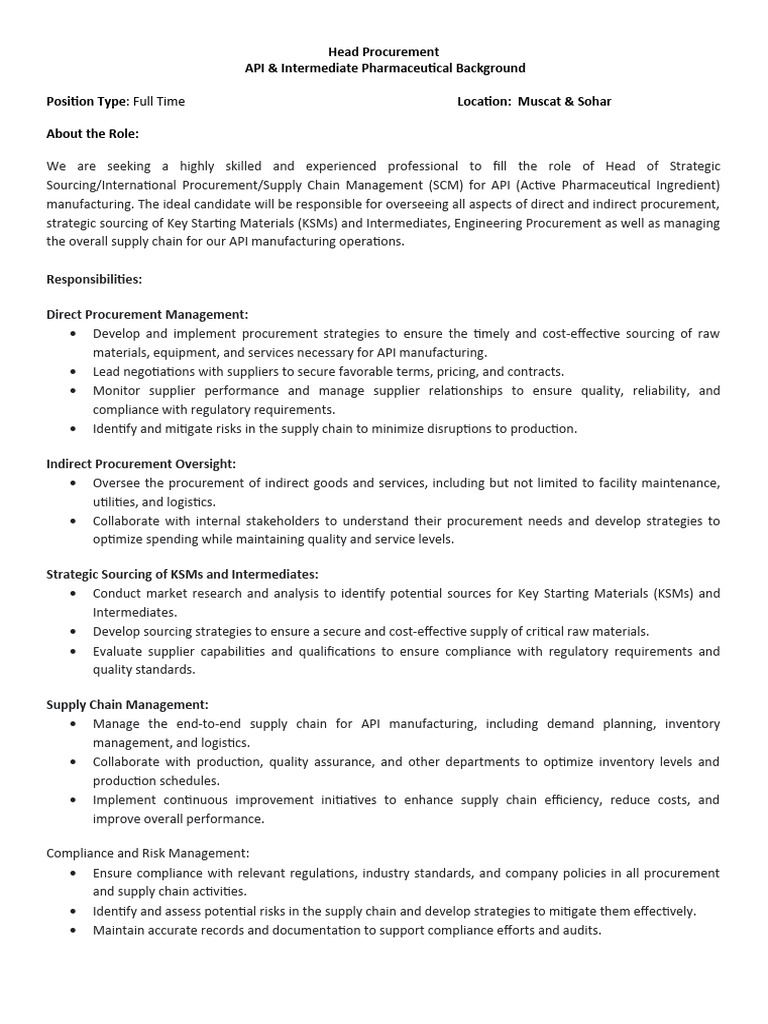 Head of Procurement for API Manufacturing | PDF | Supply Chain ...