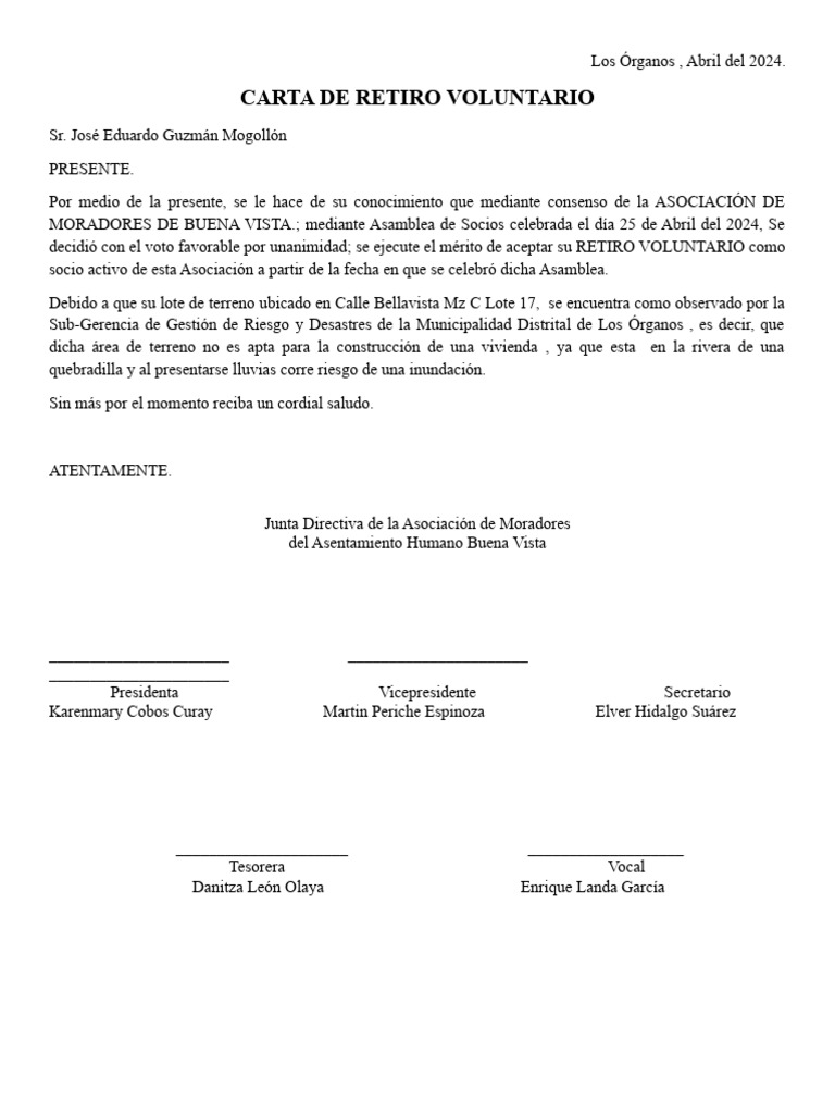 Aceptación de Retiro Voluntario en Asociación | PDF