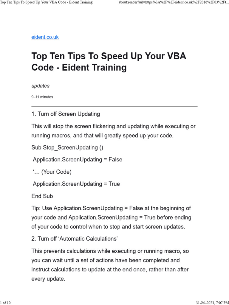 Top Ten Tips To Speed Up Your VBA Code | PDF | Data Type | String (Computer Science)