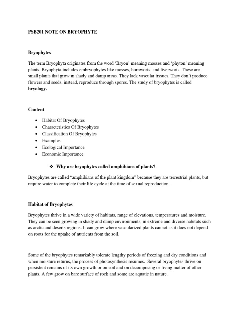 PSB201 Note On Bryophyte | PDF | Moss | Sexual Reproduction