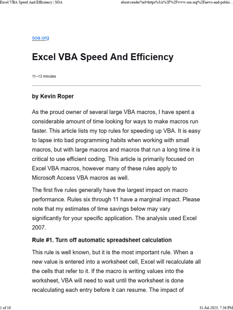 Excel VBA Speed and Efficiency SOA | PDF | Microsoft Excel | Spreadsheet