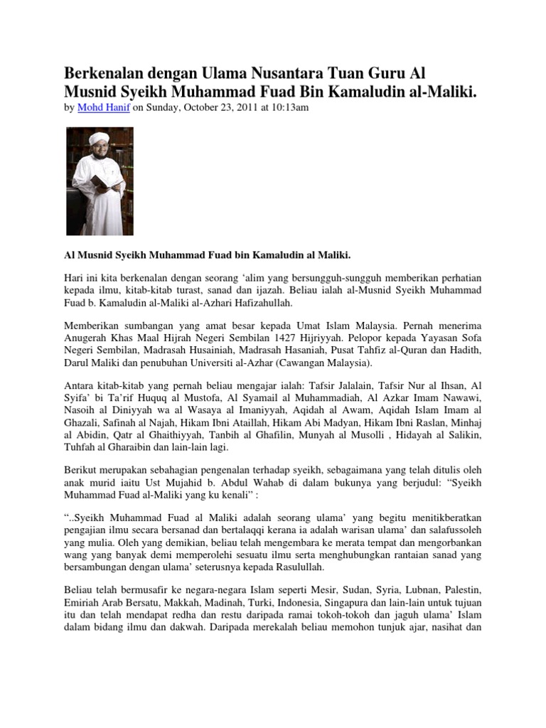 Tuan Guru Al Musnid Syeikh Muhammad Fuad Bin Kamaludin Al Maliki | PDF
